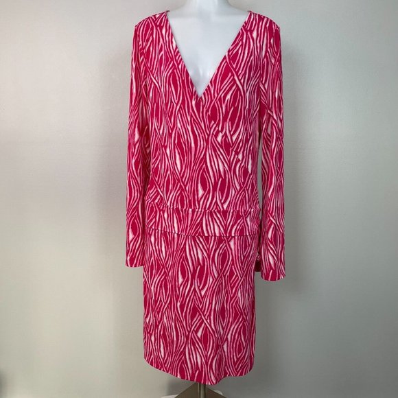 Express | Dresses | Express Wrap Dress Large Pink White Long Sleeve ...